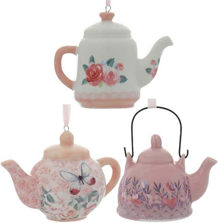 Dollar.Bid - Kurt Adler Boho Chic Floral Teatime Teapot Ornament, Set of 3