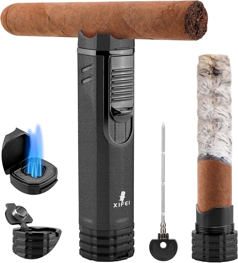Dollar.Bid - XIFEI Cigar Lighter 3-Angled Jet Flames, Cigar Puncher, Cigar Draw Enhancer, Cig