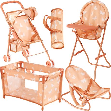 Dollar.Bid - 4-in-1 Baby Doll Stroller Set with Butterfly Design – Includes Toy Stroller, Cri